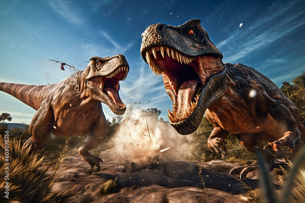T-Rex and Raptor in an Action-Packed Fight. Generative ai ilustração do ...