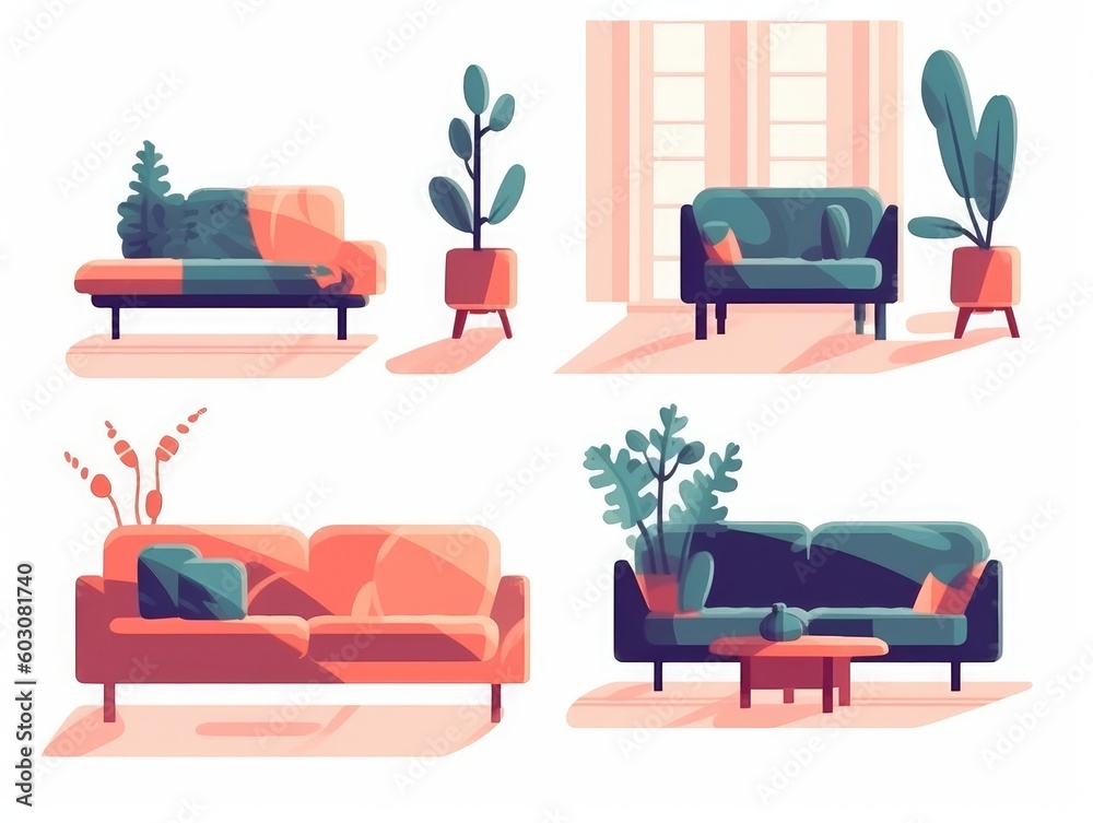 interior furniture sofa Collection in cartoon style illustration. set ...