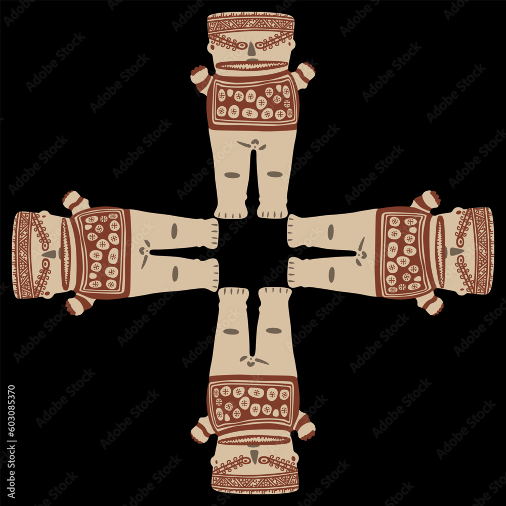 Square cross shape ethnic design with four fantastic figurines ...