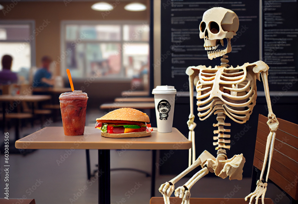 The human skeleton sits at a table in the food court and eats fast food ...