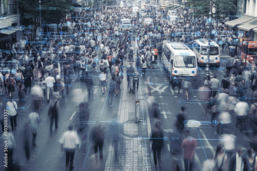 People crowd at city street tracking by surveillance camera. Face ...