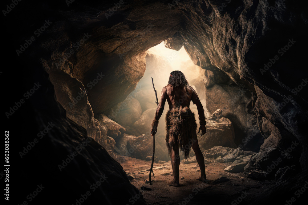 Portrait of prehistoric man in cave. Face of Neanderthal caveman with ...