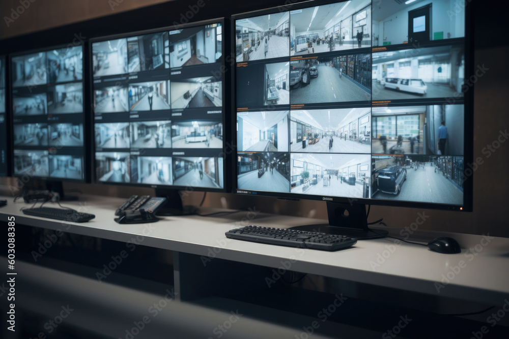 Workplace with surveillance camera monitors. CCTV cameras in ...