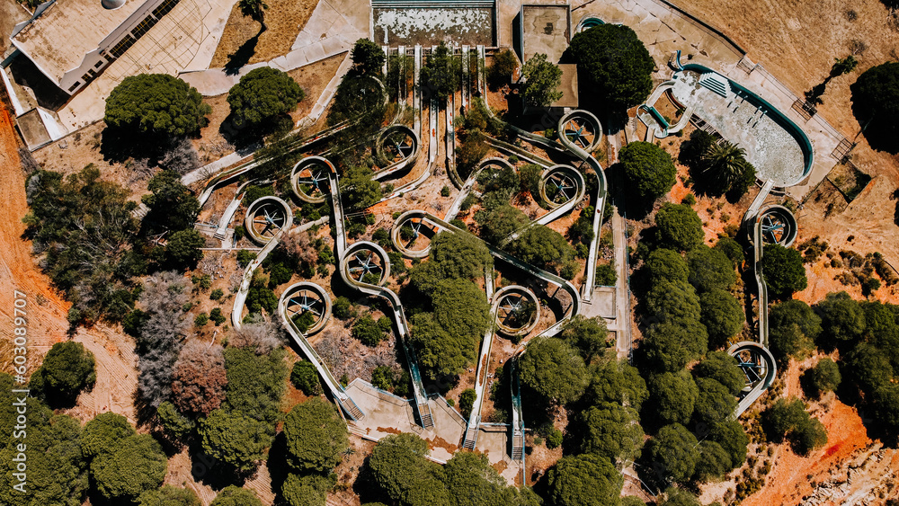Aerial topdown shot of Old water slides, waterpark abandoned Stock ...