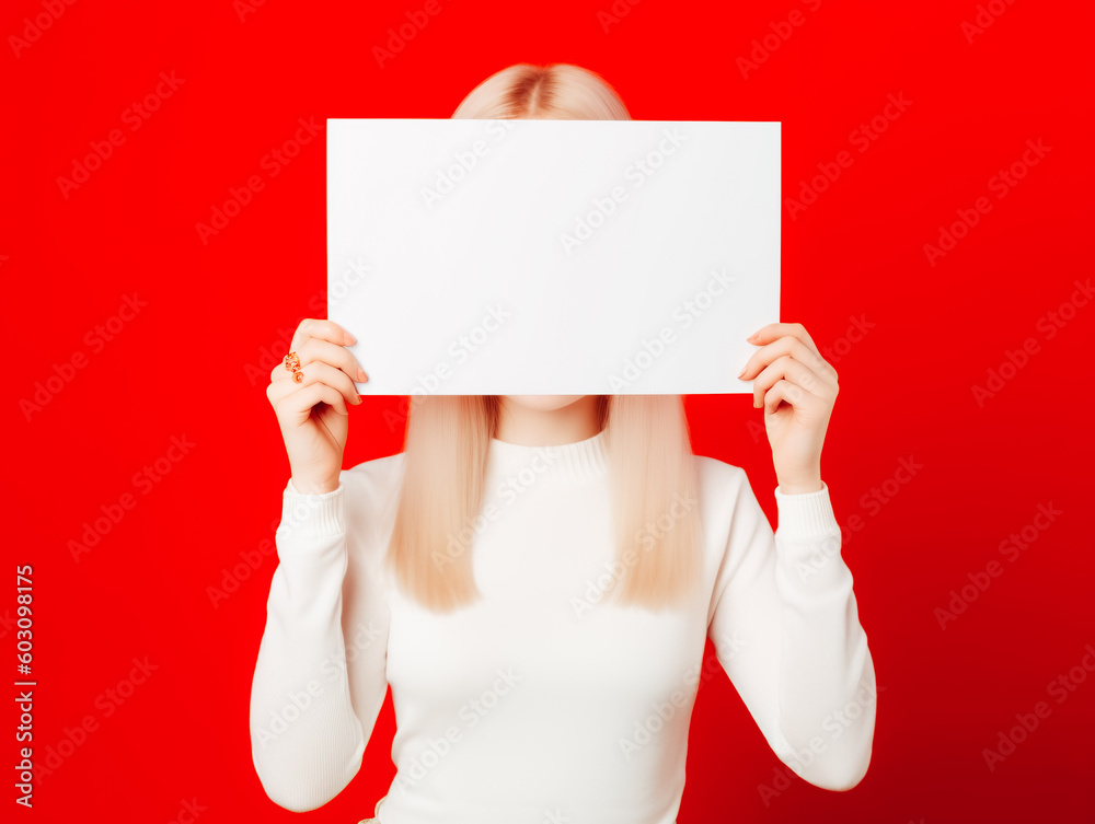 Cute white girl with an empty placeholder for the layout. On a red ...