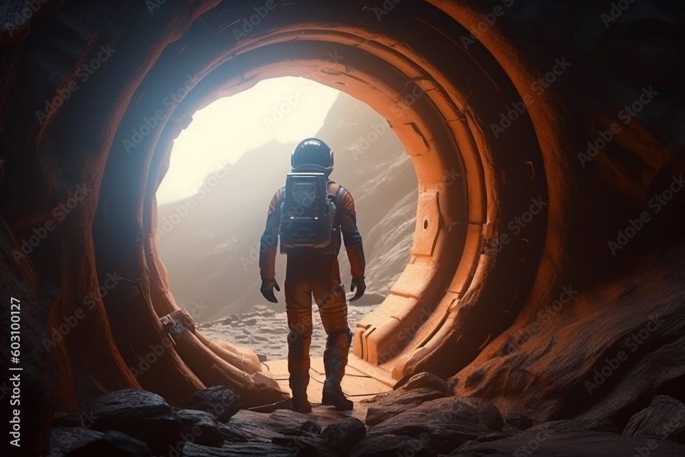 Science, sci-fi concept. Astronaut with costume looking through ...