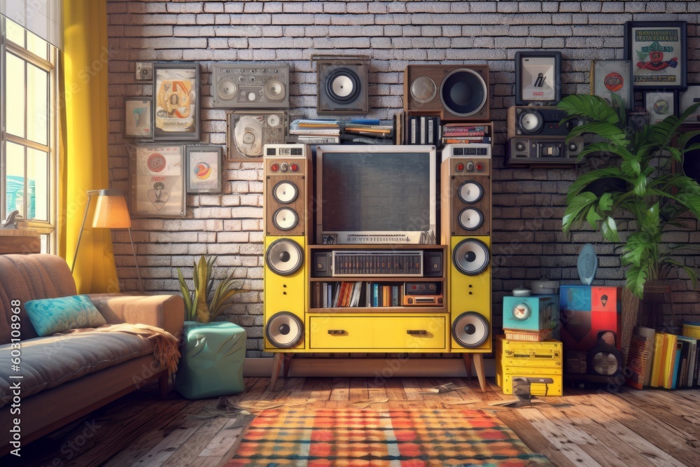 A retro living room setup with a hi-fi system consisting of a cassette ...