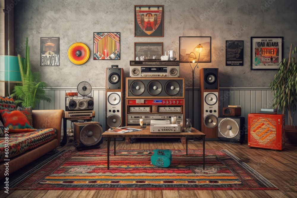 A retro living room setup with a hi-fi system consisting of a cassette ...