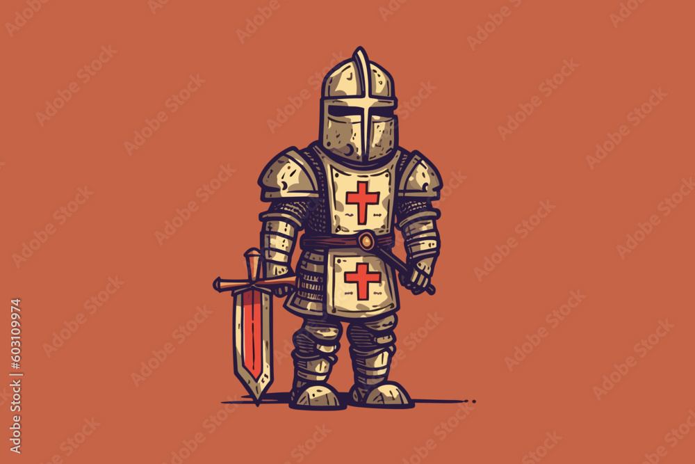 Doodle inspired Crusader at armory, cartoon sticker, sketch, vector ...