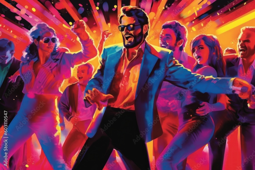 A group of people dancing in a neon-lit disco club, with a focal point ...