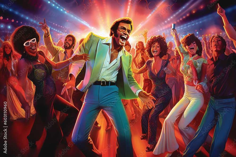 A group of people dancing in a neon-lit disco club, with a focal point ...