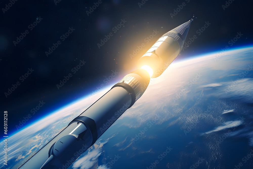 Illustrazione Stock Space rocket with a manned spacecraft flies into ...