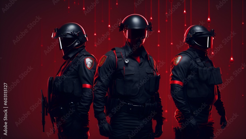 Intense Police Men Group with Dripping Red Background Created With ...
