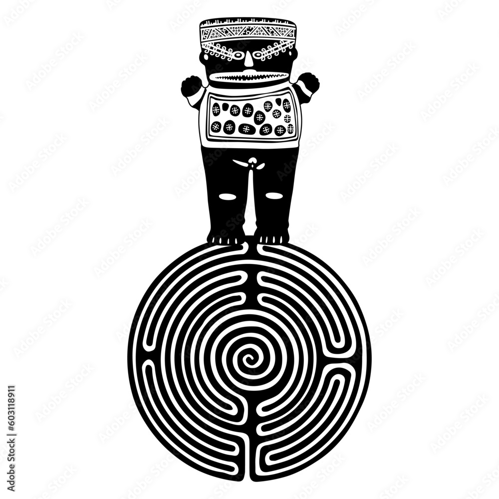Ancient Peruvian Chancay idol standing on a round spiral maze or ...