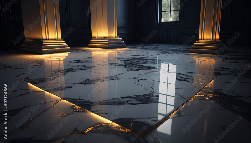 A beautiful white and black marble floor in a dark room with hidden ...