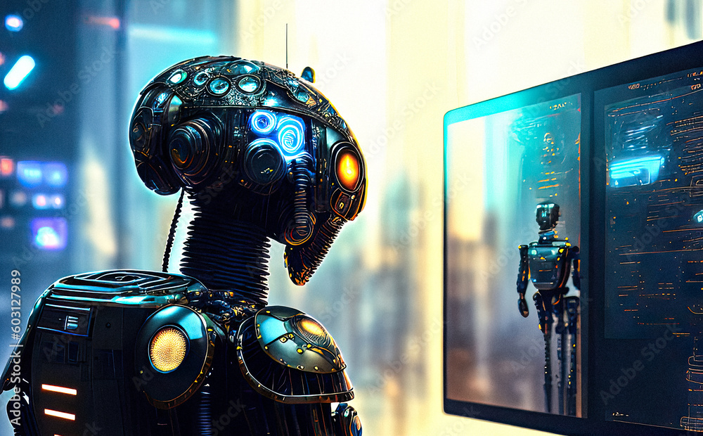 futuristic android robot with computer communicating and creating ...