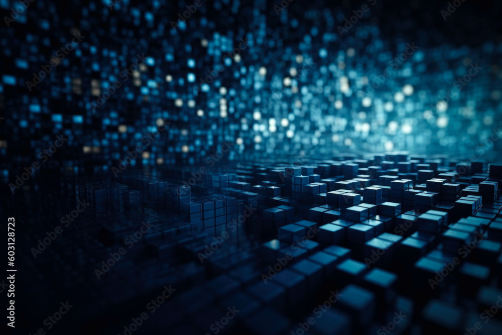 abstract technology background with blue and black pixels. dark blue ...