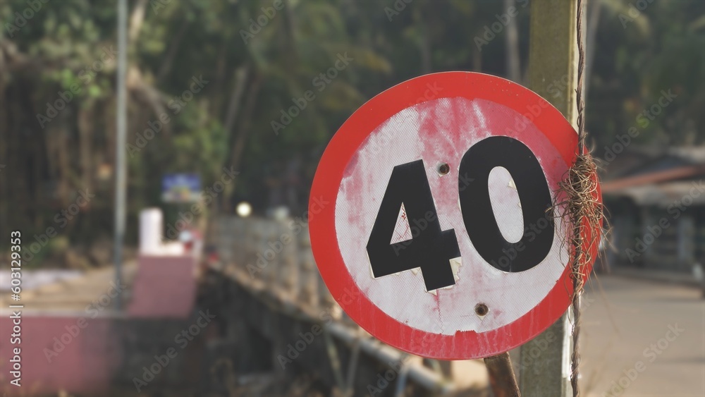 red and white speed limit sign of 40 before the bridge Stock Photo ...