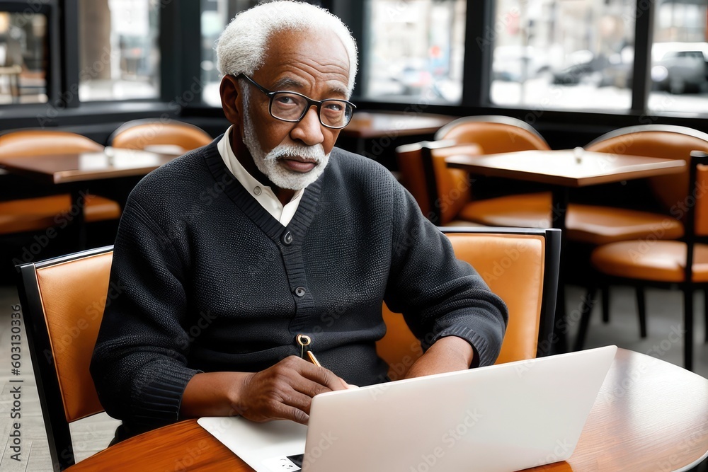 Senior african american man typing on laptop in coffee shop, research, social media. Cafe, tech ...