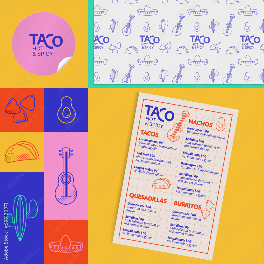 Mexican Tacos restaurant branding elements. Food icons, menu, wrapping ...