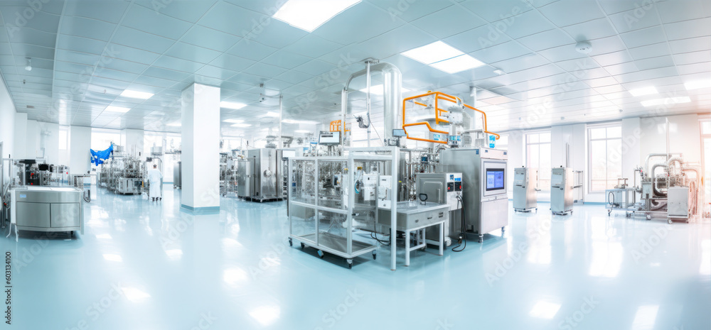 Large brightly lit hall with metal tanks and lab equipment - inside of ...