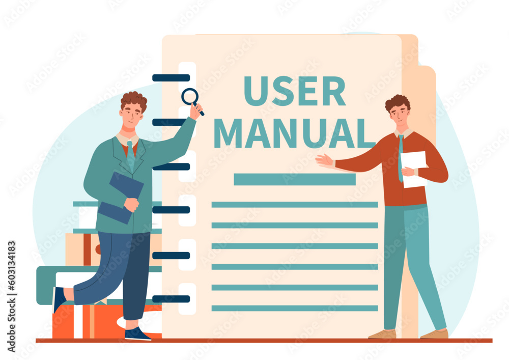 User manual concept. Men with magnifying glass near document ...