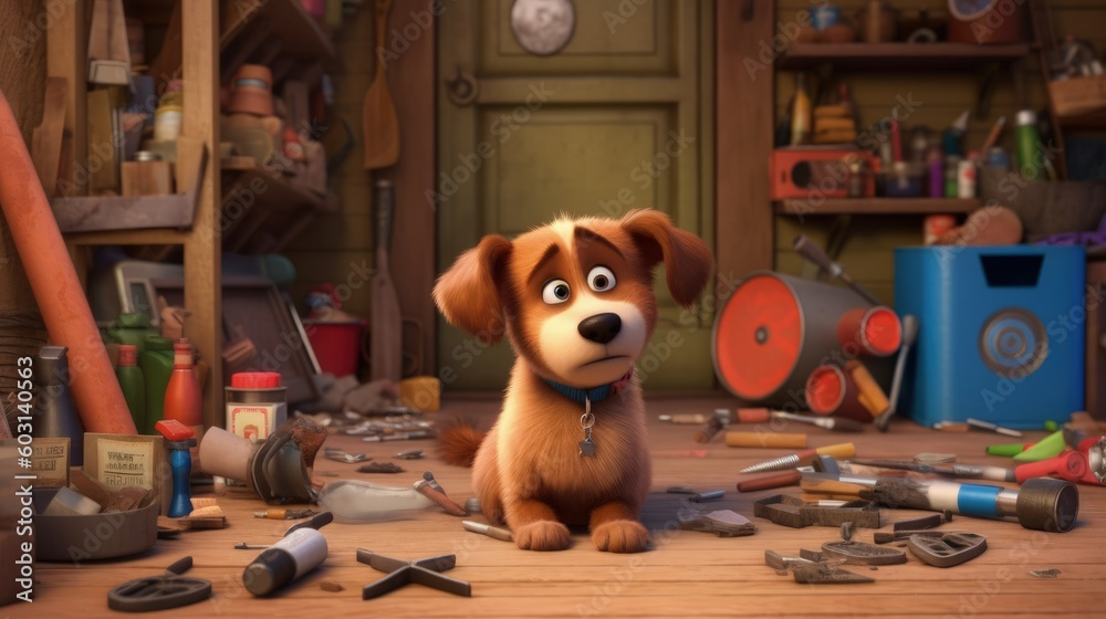 Cute adorable pixar style dog, realistic fur, bright cartoon background ...