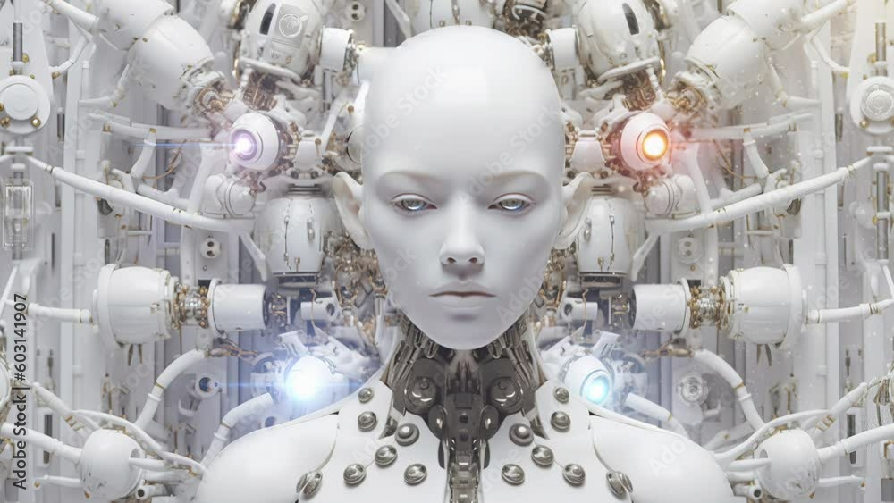 Futuristic Android Woman & Technological Control Room. Female Robot ...