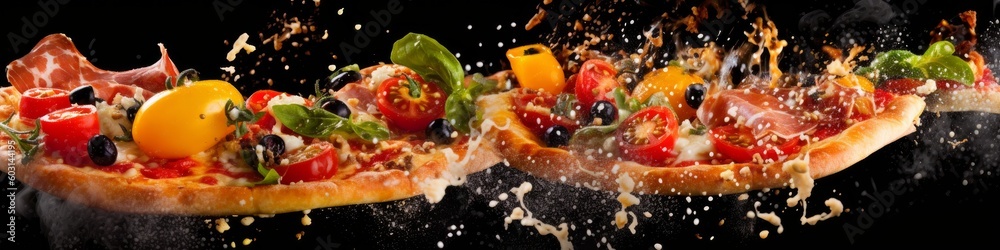 Italian pizza with basil tomato and mozzarella exploding in air ...