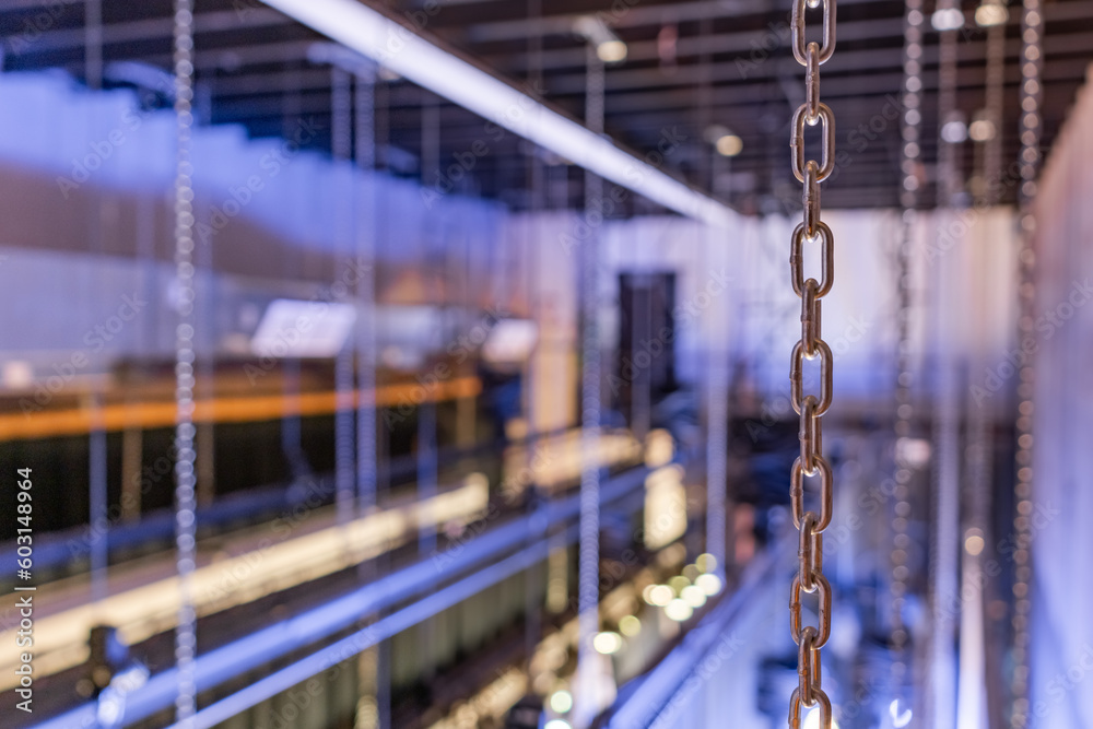 Theater stage rigging with theatrical equipment, lighting, supports ...