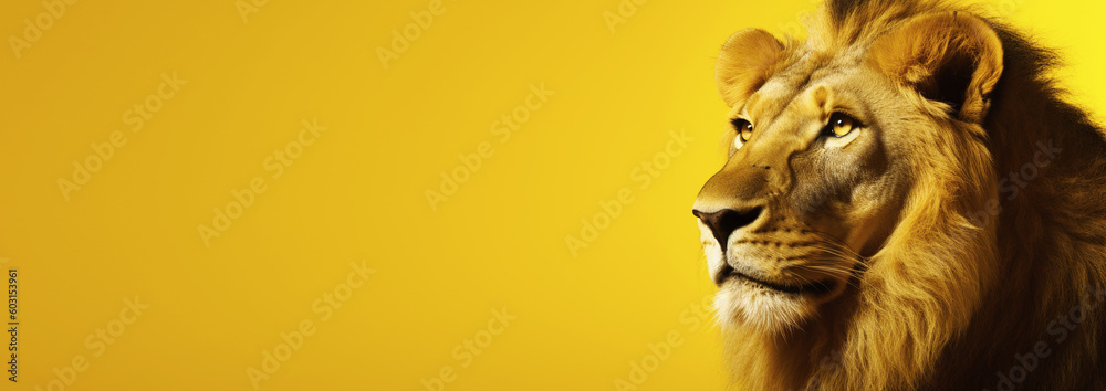 Lion on yellow background banner with copy space. Generative AI. Stock ...