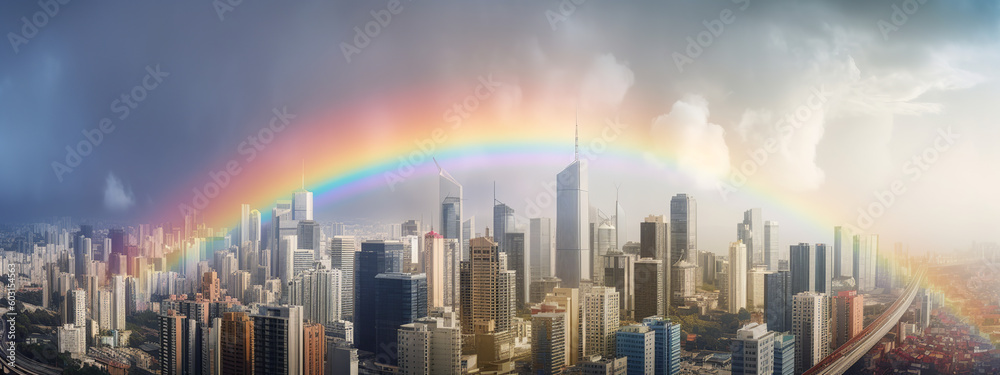 city, skyline, rainbow, skyscraper, building, cityscape, sky, new york ...