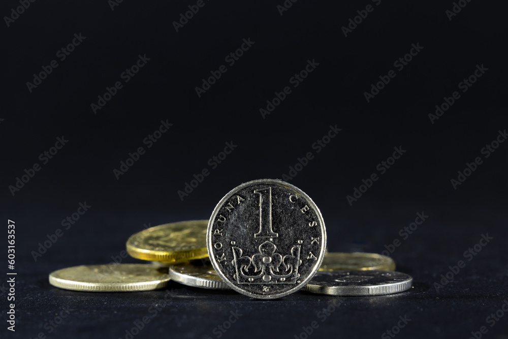 Selective blur on a one czech crown coin with the mention one crown ...