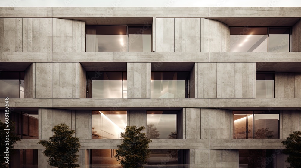 Concrete architectural facade of grey office building with glass window ...