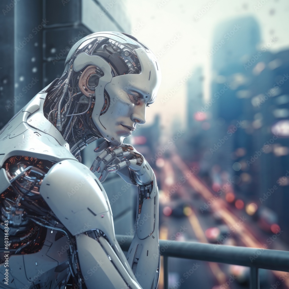 AI humanoid robot thinking about the future of humanity and the world ...