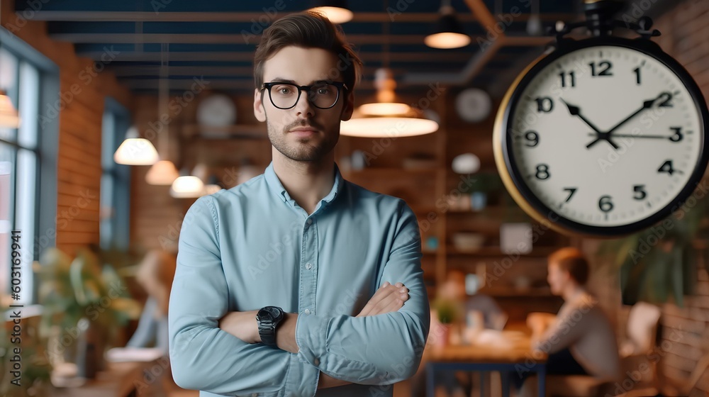 Focus on clock standing on table with busy young businessman ...