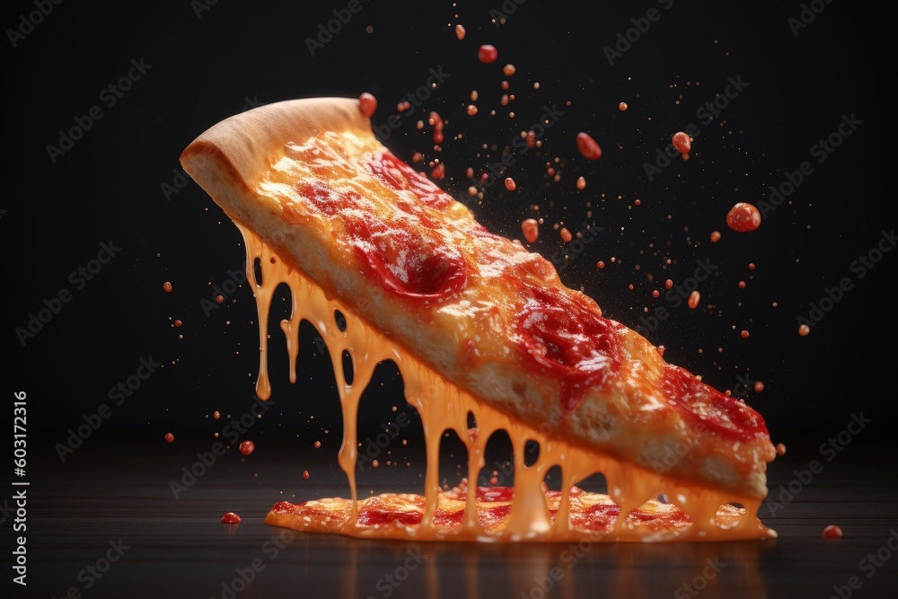 Pizza slice falling and crumbling on black background, pepperoni pizza ...
