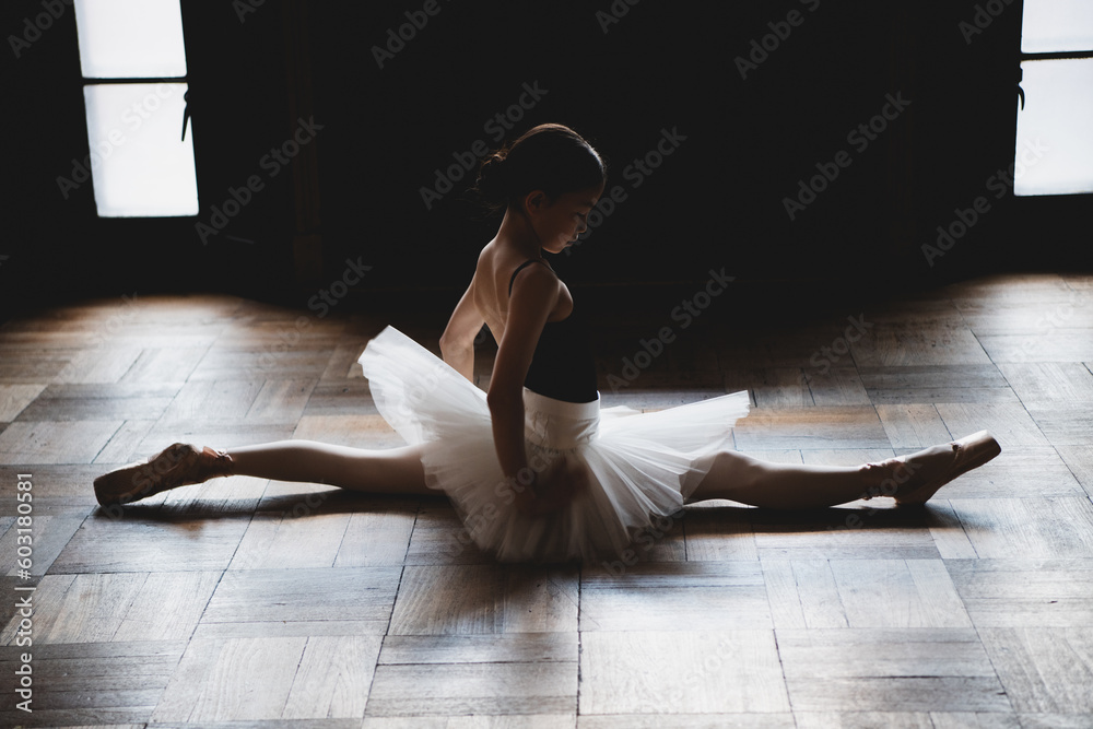 Portrait of young girl ballerina stretching in a studio Stock Photo ...
