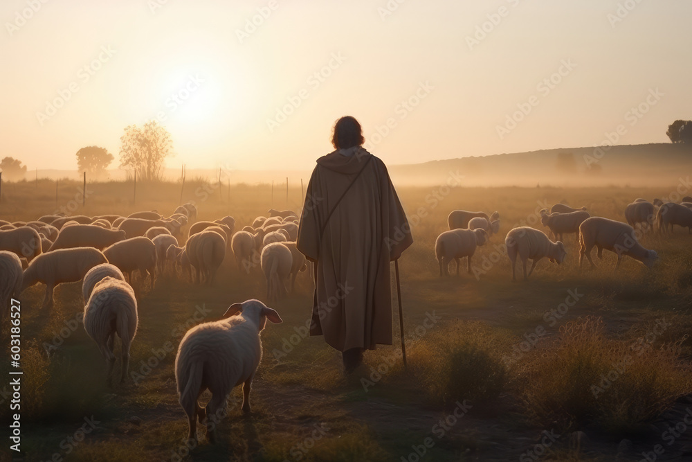 Shepherd Jesus Christ leading the sheep and praying to God and in the ...
