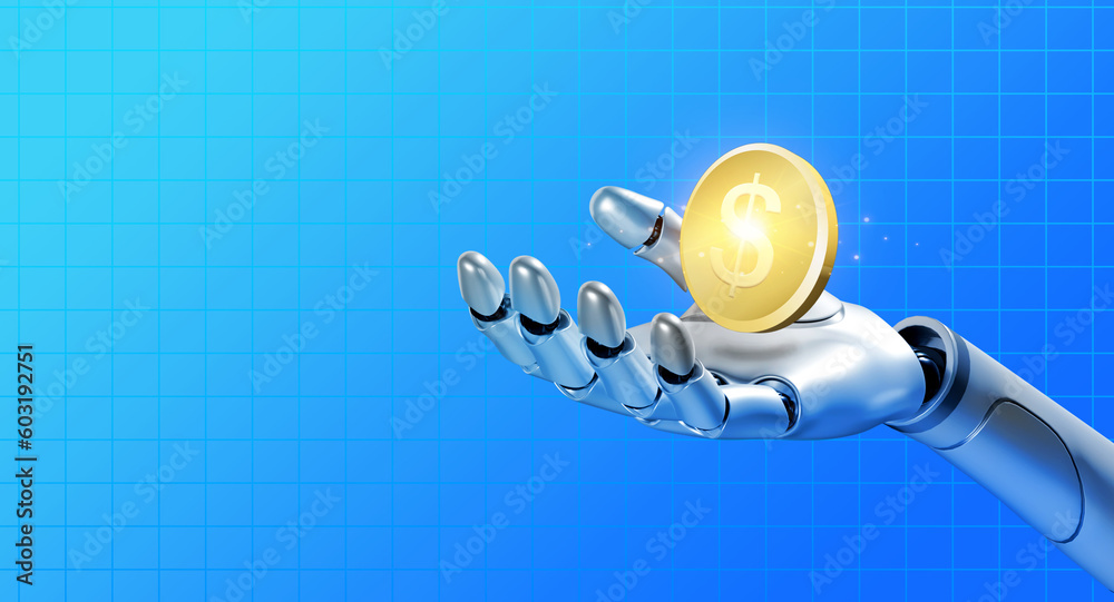 AI makes money concept. Golden coin money on robot humanoid hand on ...