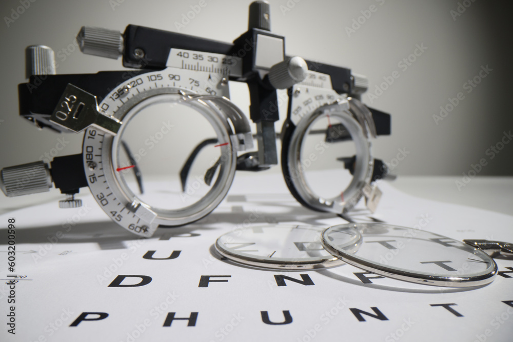 Optometric glasses lie on Snellen chart paper with letters Stock Photo ...
