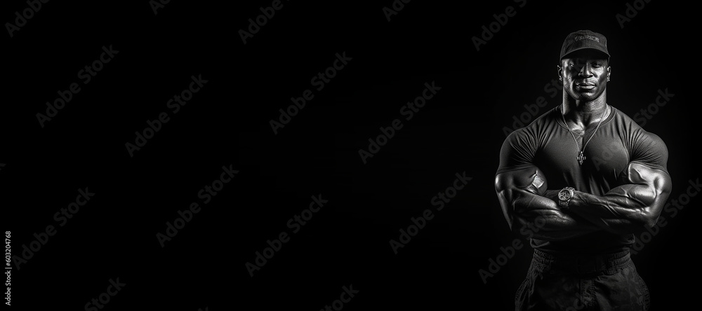 Black and white photorealistic studio portrait of a muscular ...