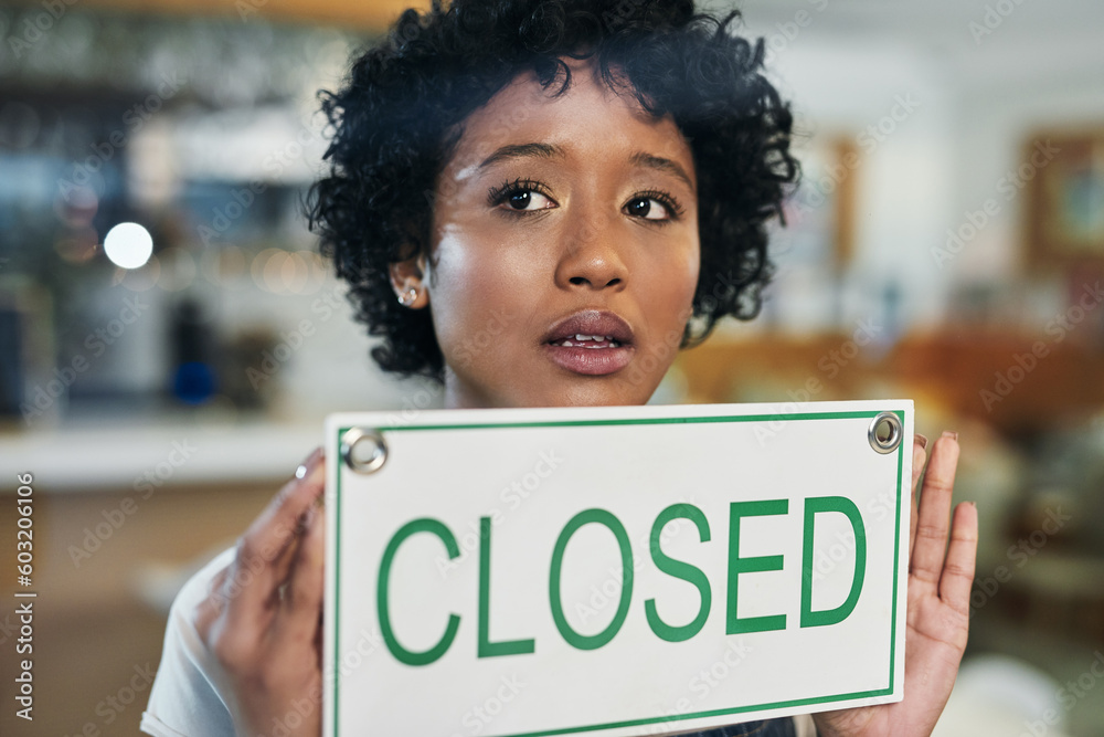 Sad woman, face and closed sign on window at cafe in small business ...