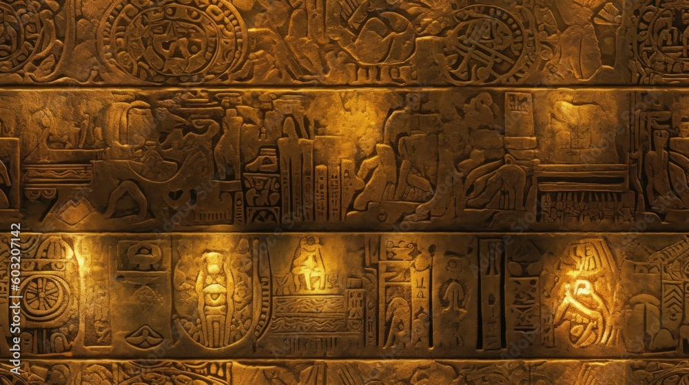 enigmatic symbols etched in glowing gold on an ancient background ...