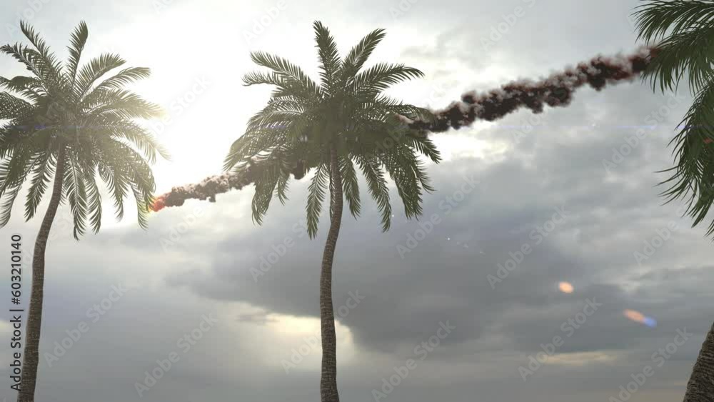 Burning meteor asteroid falling from the sky with palm trees Realistic ...