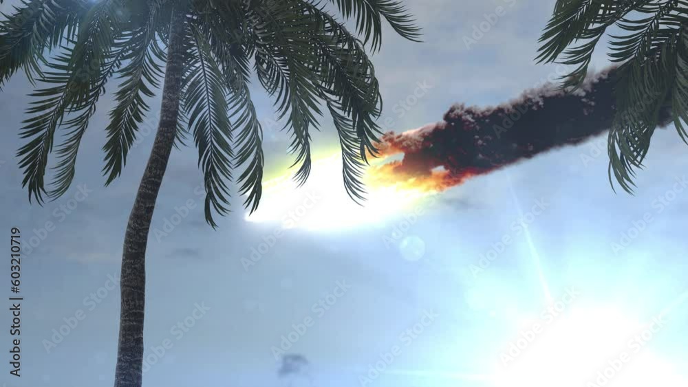 Burning Meteor asteroid in the sky behind palm trees, Sunset Realistic ...