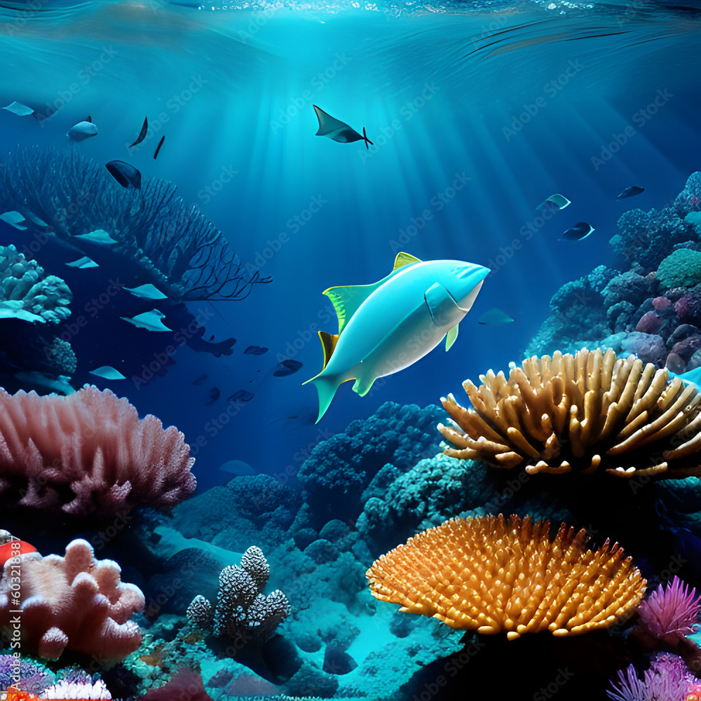 An otherworldly underwater scene with colorful coral reefs and exotic ...