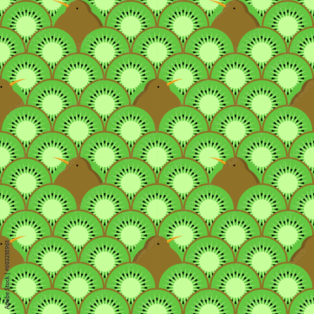 Seamless pattern with half cut kiwi fruit and kiwi birds. Vector ... Seamless pattern with half cut kiwi fruit and kiwi birds. Vector ...