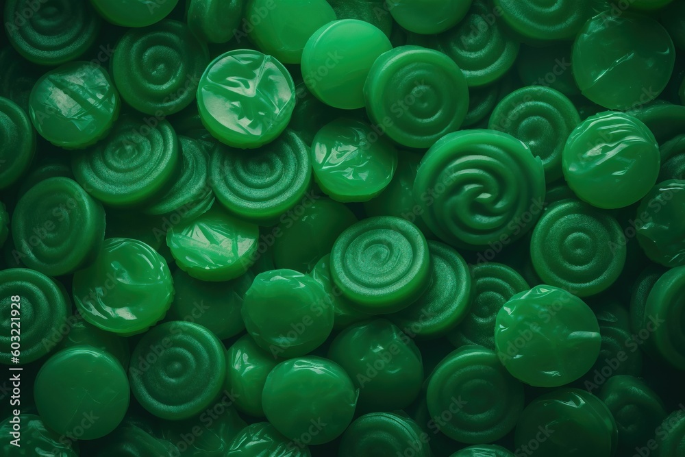 a close up of a pile of green candies with swirls on top of them and a ...