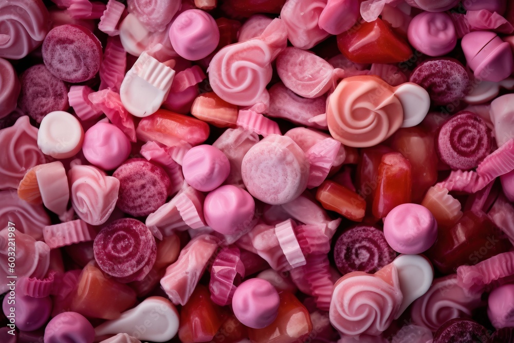 a close up of a pile of pink and red candy hearts and lollipops with a ...